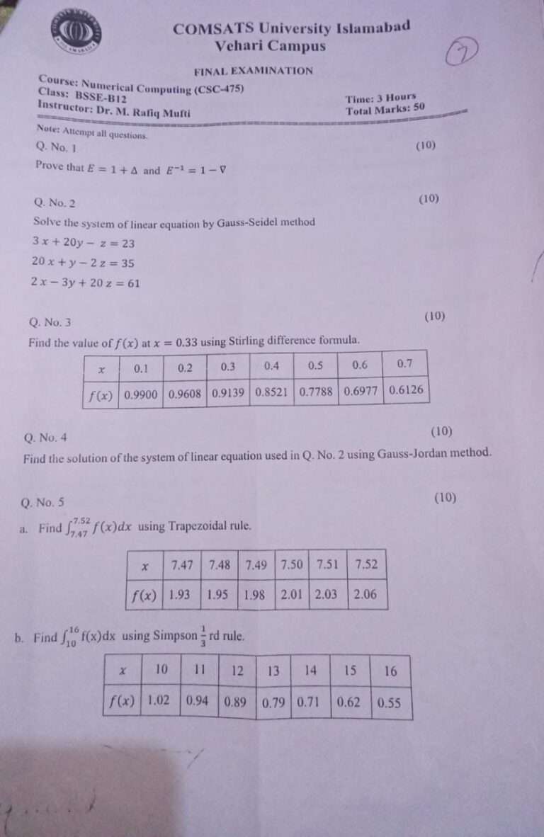 Numerical Computing past question paper | COMSATS | cuitutorial