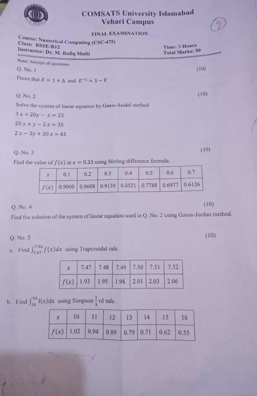 Numerical Computing past question paper | COMSATS | cuitutorial