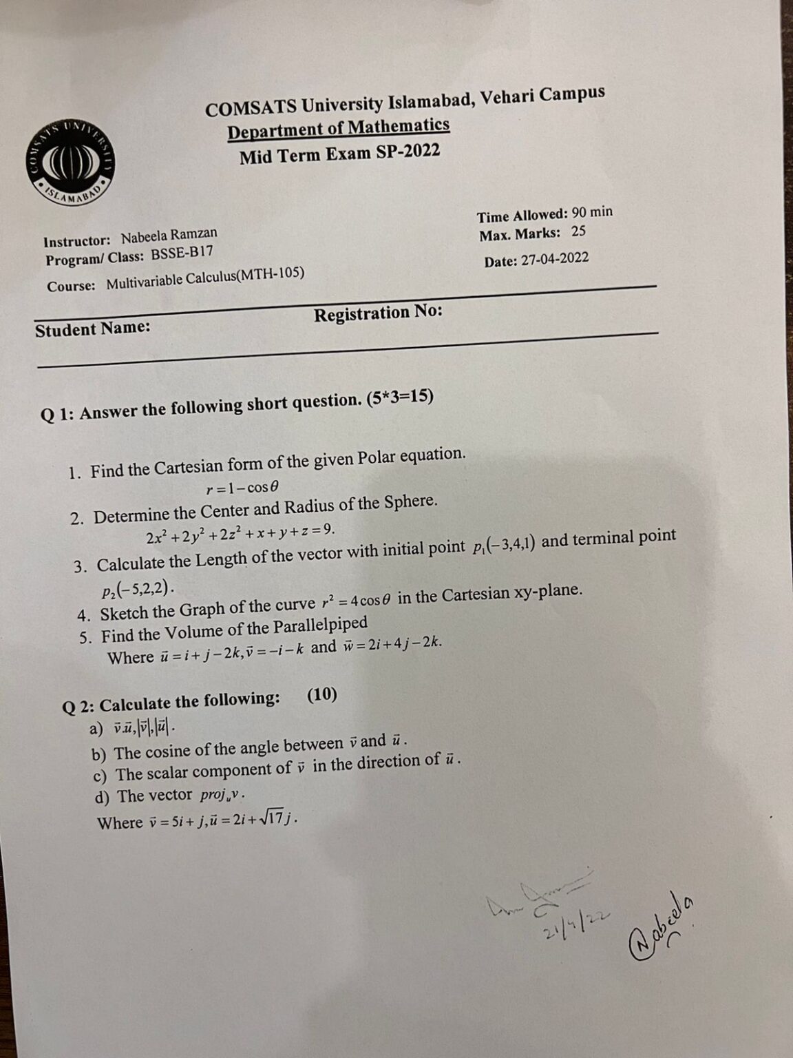 Multivariable calculus past question paper | university | cuitutorial