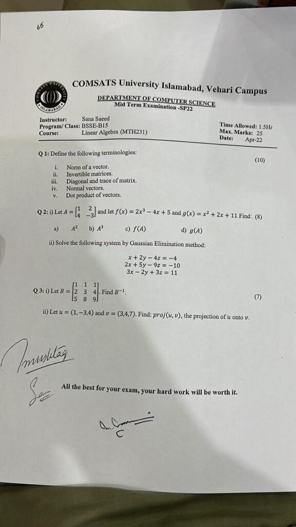 Linear algebra past question paper | University | cuitutorial